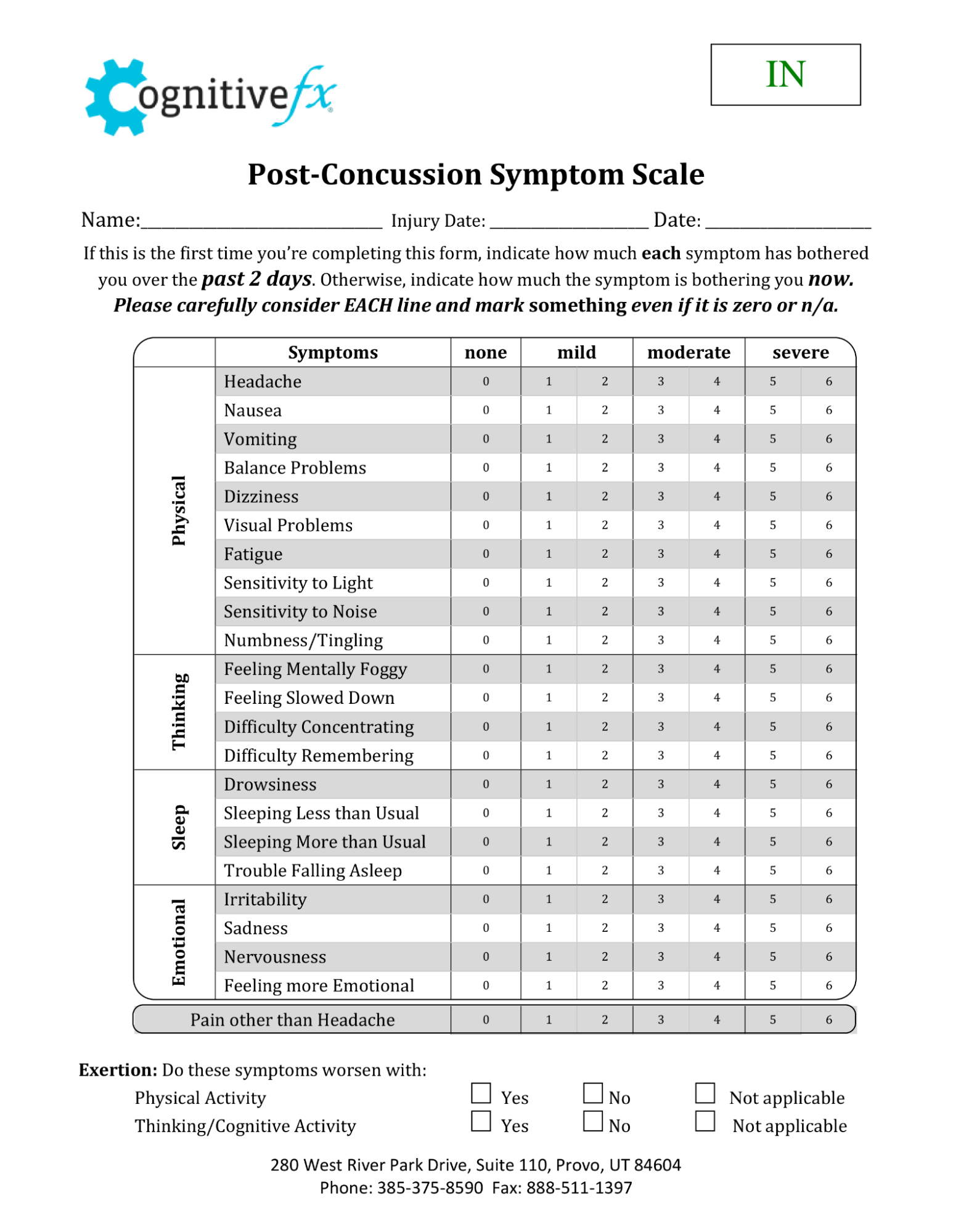 Post-Concussion Symptom Scale (PCSS) Questionnaire